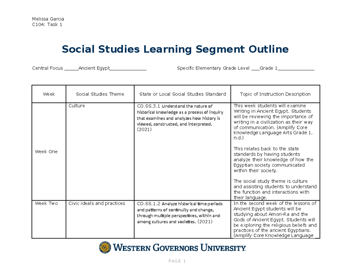 Social Studies Learning Segment Outline - Melissa Garcia C104: Task 1 ...