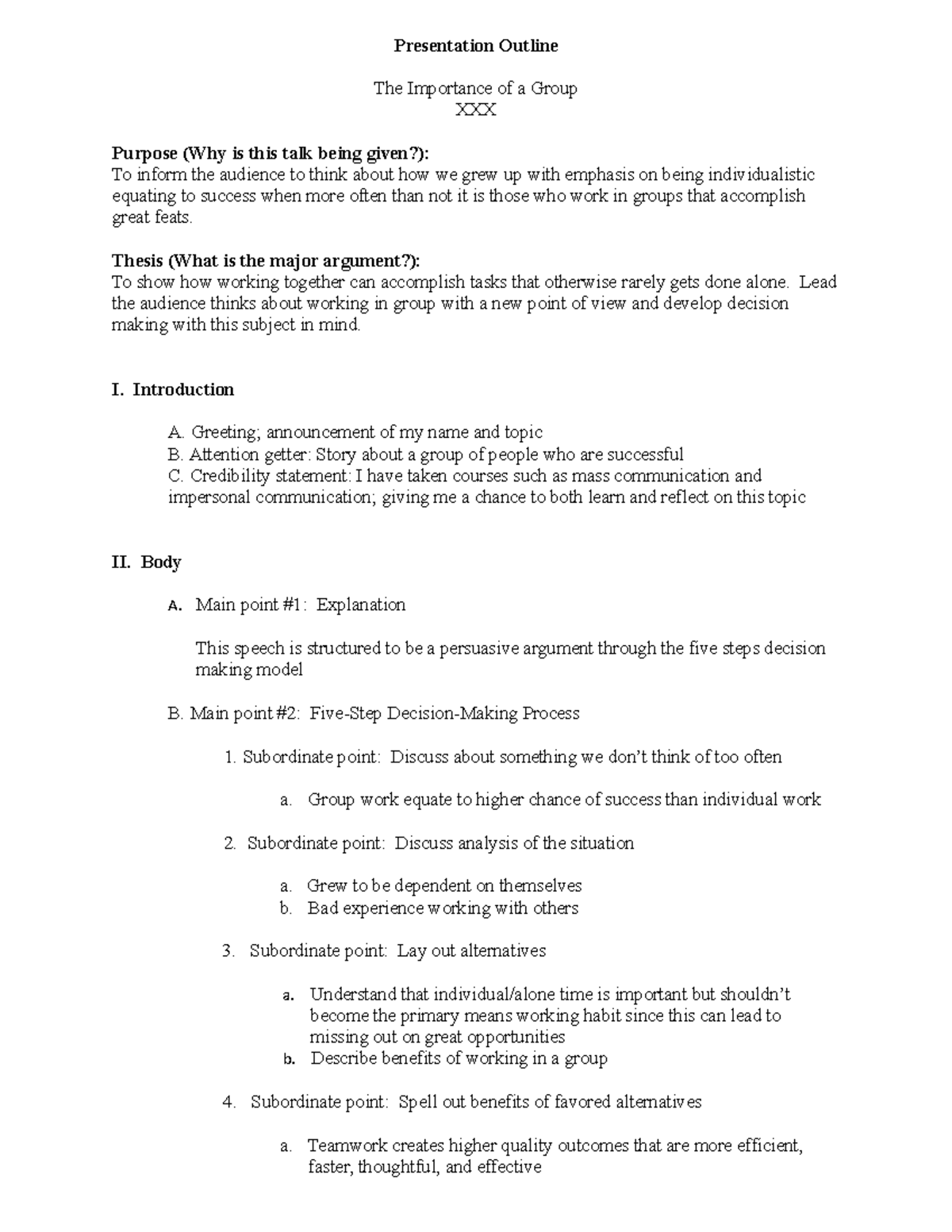 Presentation on Group - Presentation Outline The Importance of a ...