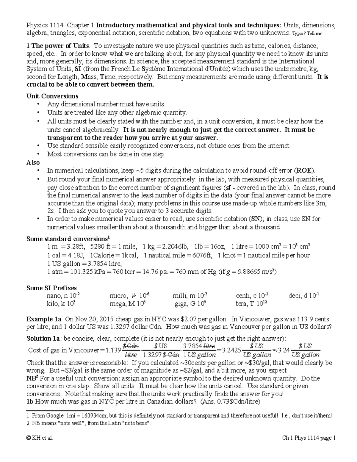 Ch01 Physics Material - Lecture notes 1 - Physics 1114 Chapter 1 ...