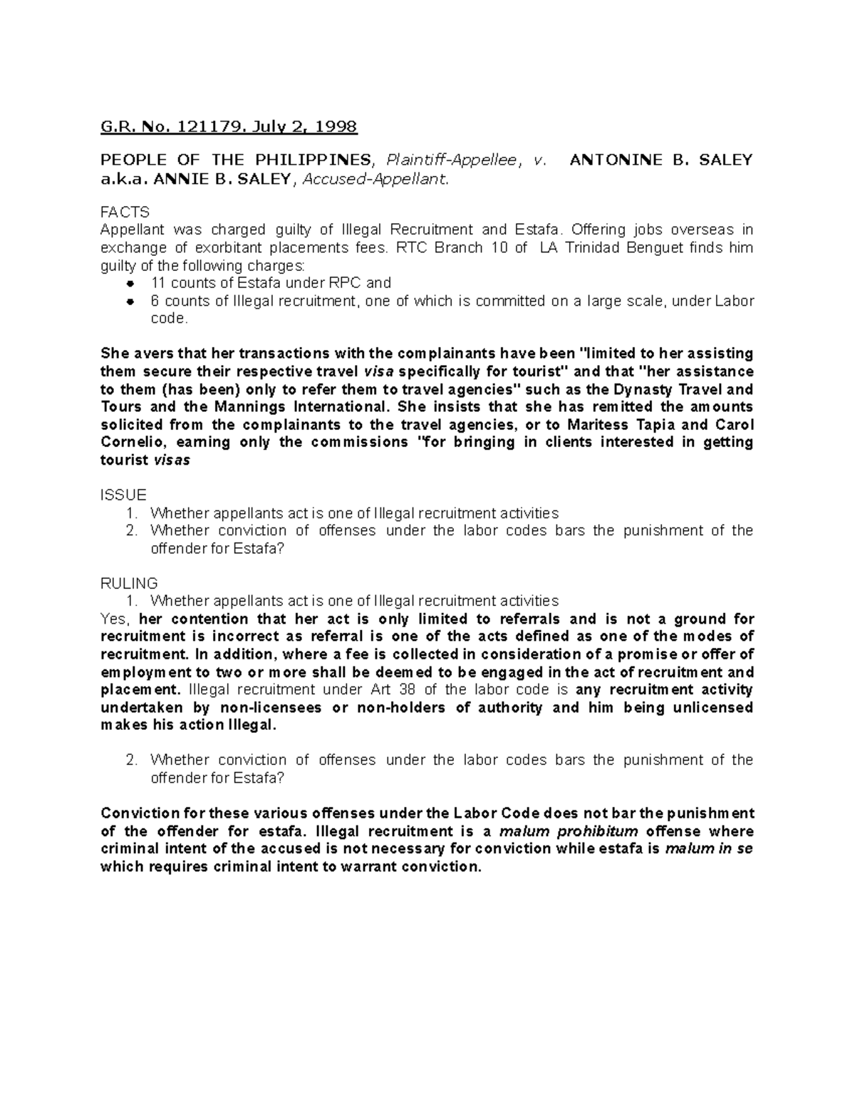 #7 People vs. Saley, 291 SCRA 715 (1998) - G. No. 121179. July 2, 1998 ...