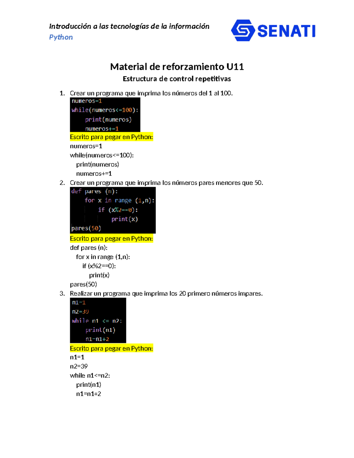 Material de reforzamiento U11 phyton - Python Material de reforzamiento ...