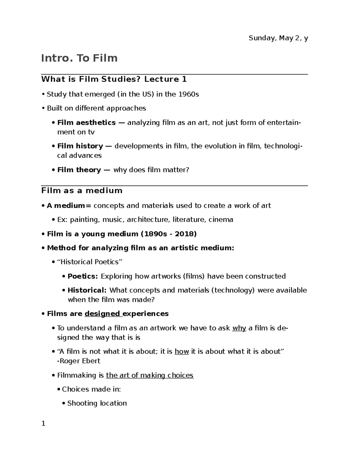 Intro to Film Notes - Wednesday, August 28, y Intro. To Film What is ...