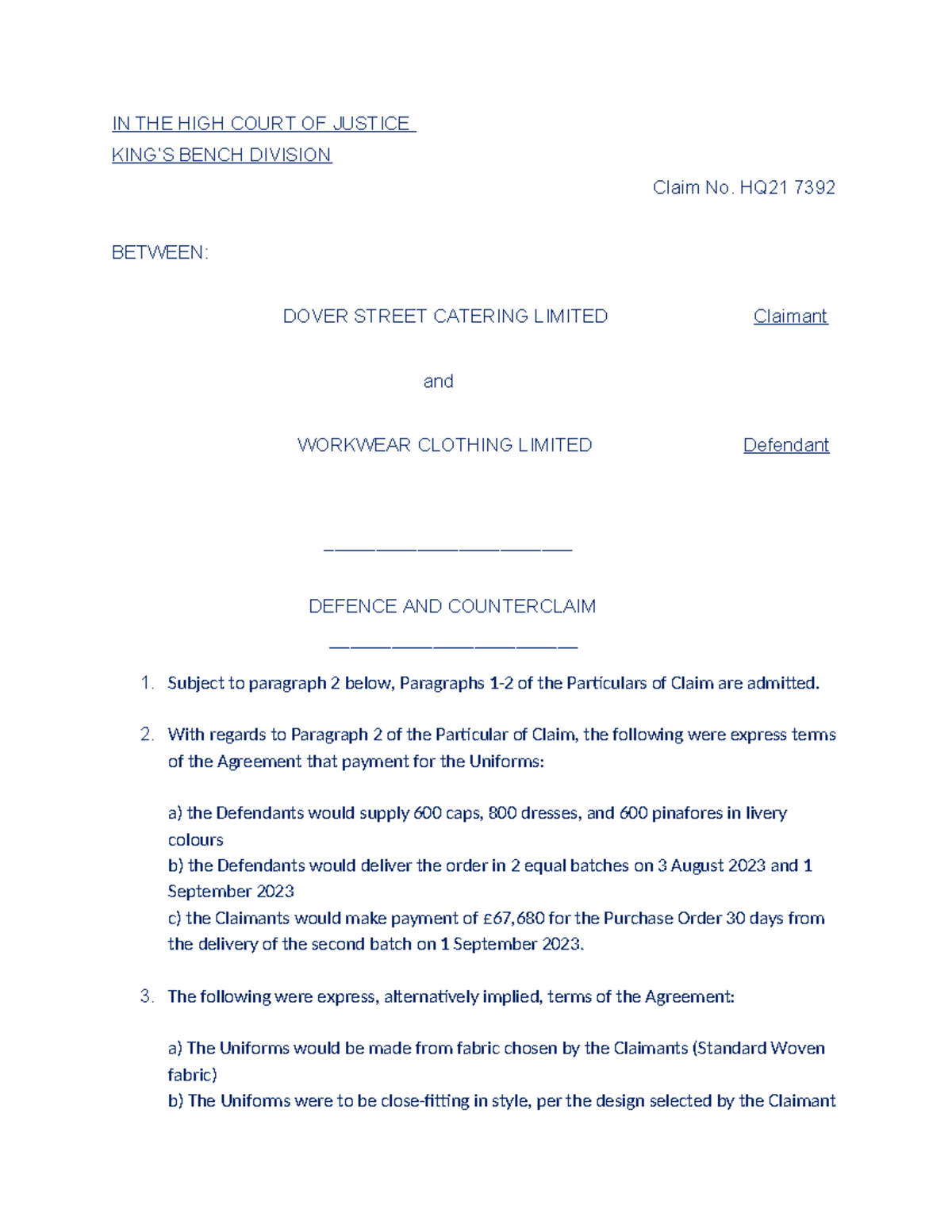 Workwear Defence & Counterclaim - IN THE HIGH COURT OF JUSTICE KING’S ...