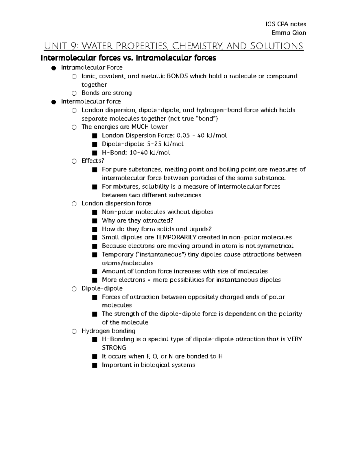IGS CPA unit 9 notes - Emma Qian Unit 9: Water Properties, Chemistry ...