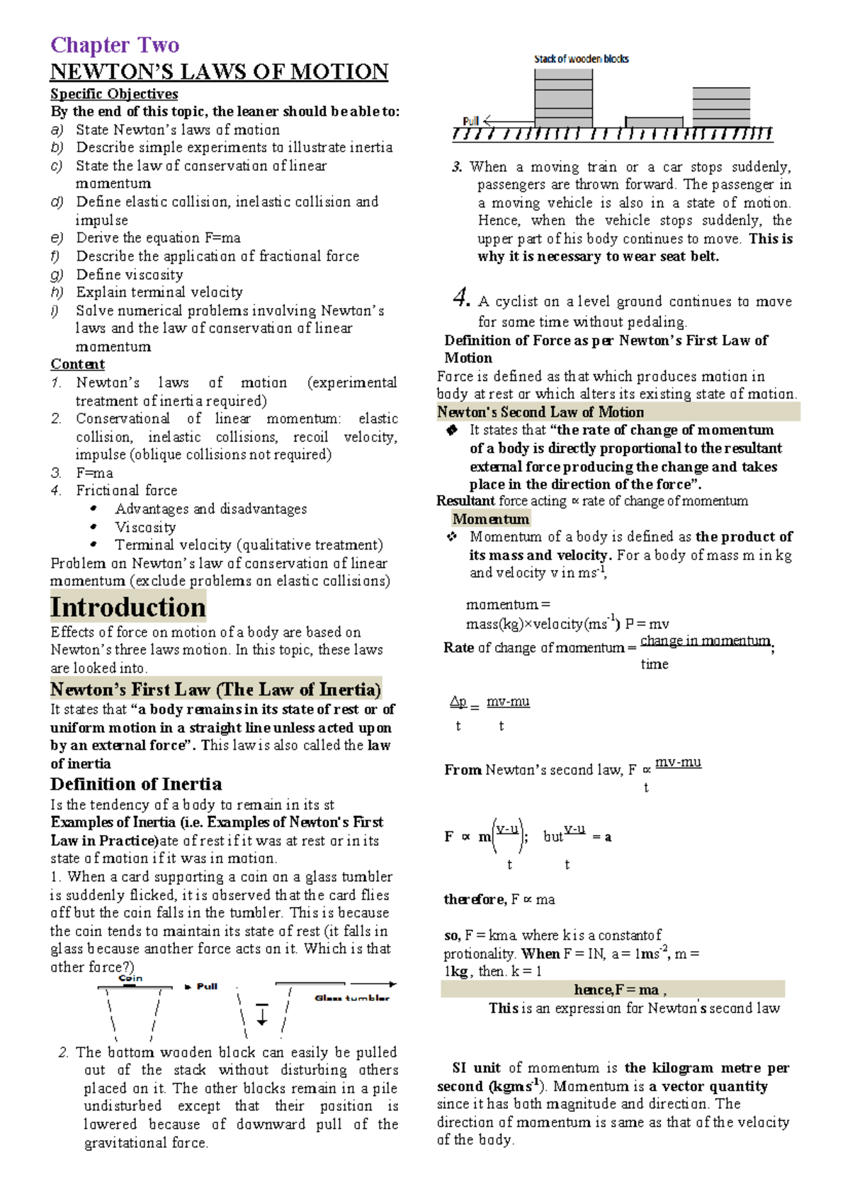 Newtons LAW Notes - Chapter Two NEWTON’S LAWS OF MOTION Specific ...