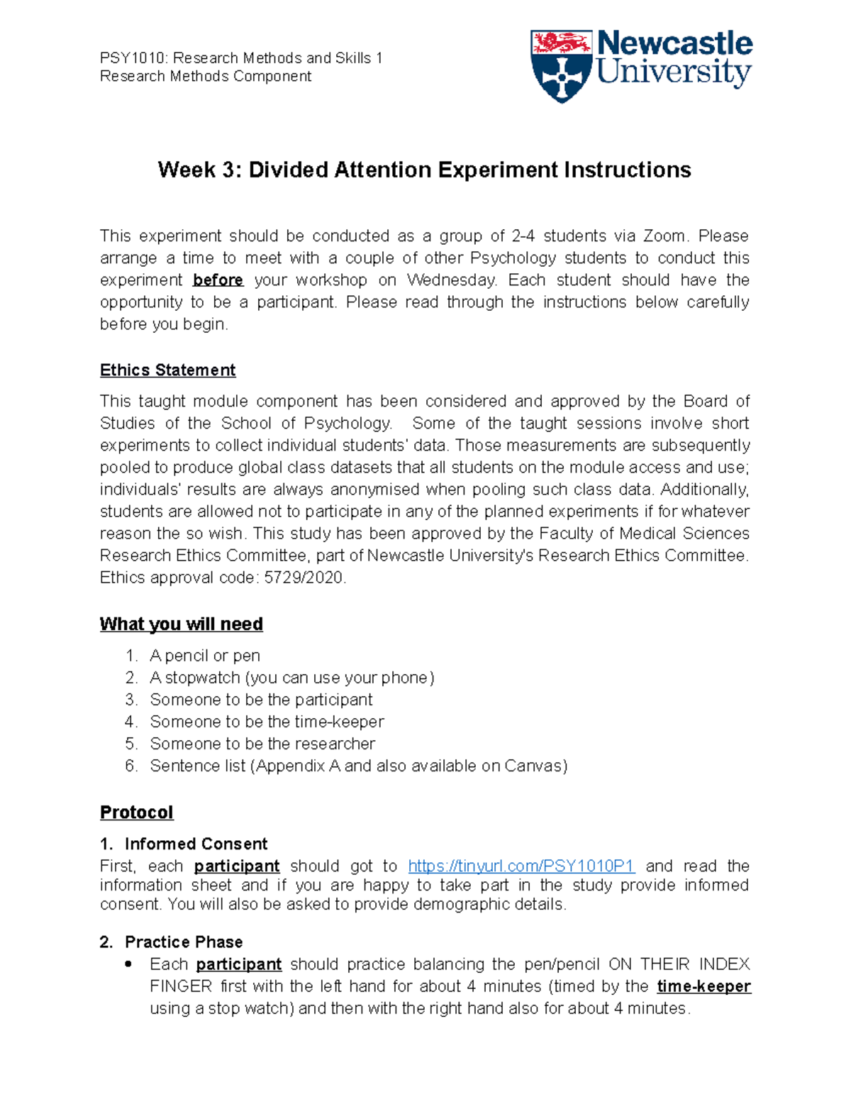 Divided Attention Experiment Instructions - Please arrange a time to ...
