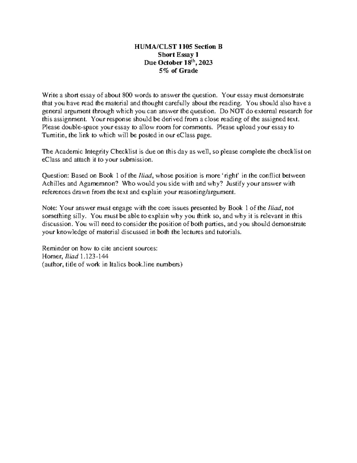 Short Essay 1 - EGg - HUMA/CLST 1105 Section B Short Essay 1 Due ...