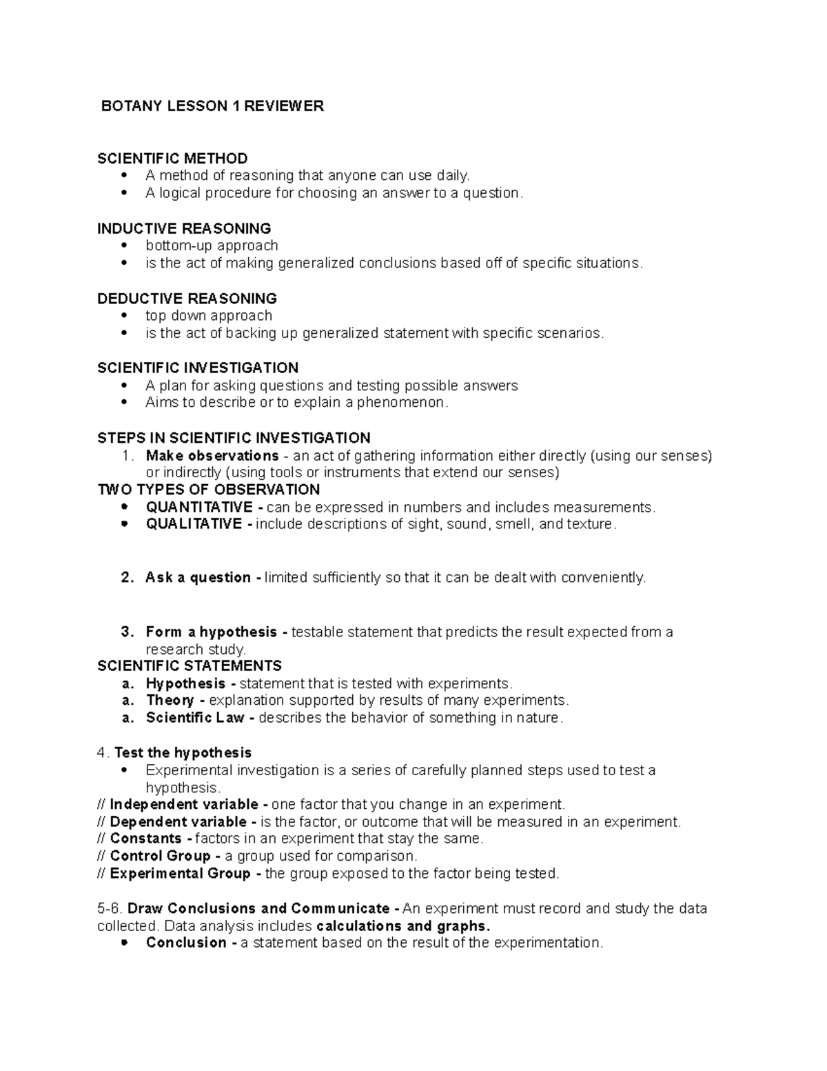 2nd year 1st sem reviewer - BOTANY LESSON 1 REVIEWER SCIENTIFIC METHOD ...