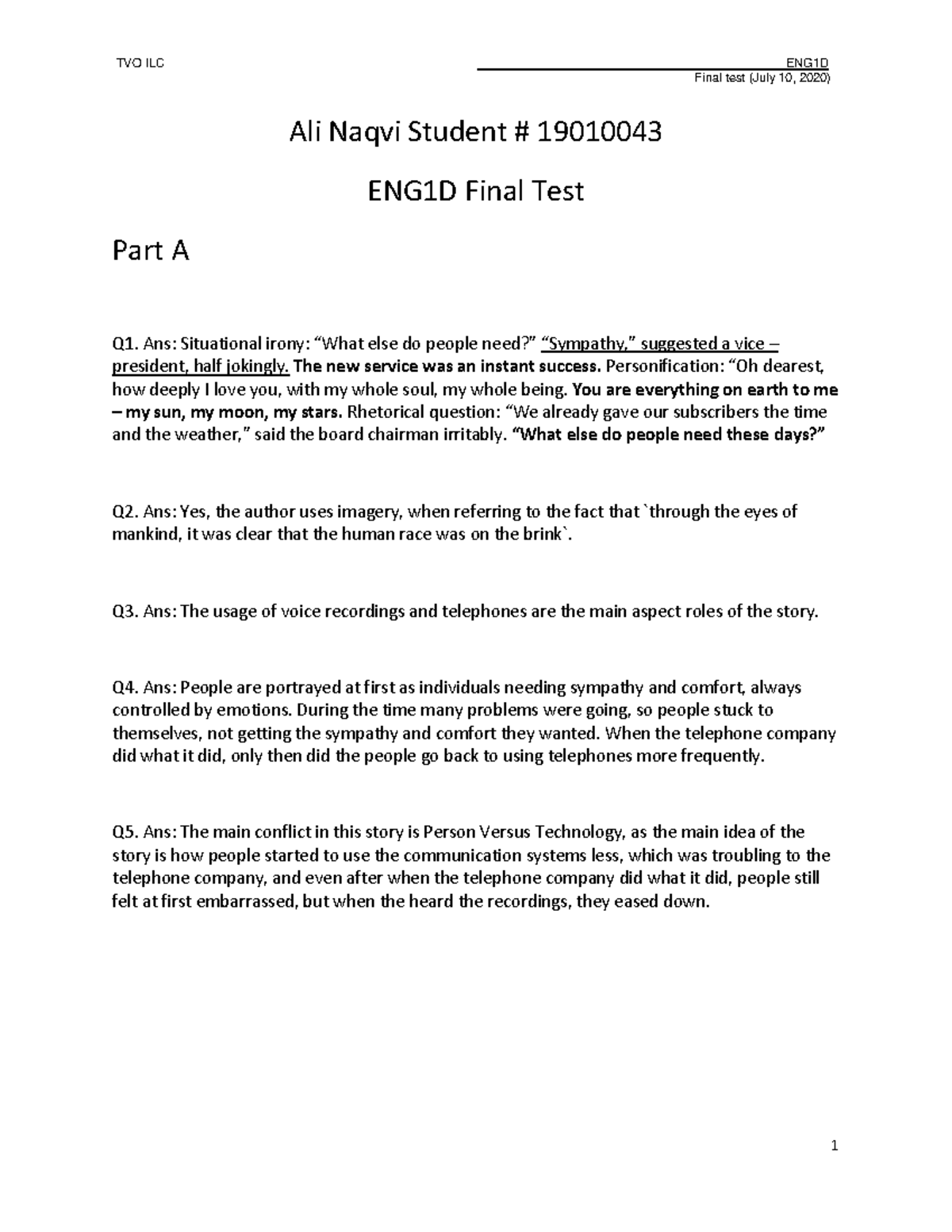 ENG1D Final test - Final test (July 10, 2020) Ali Naqvi Student ...