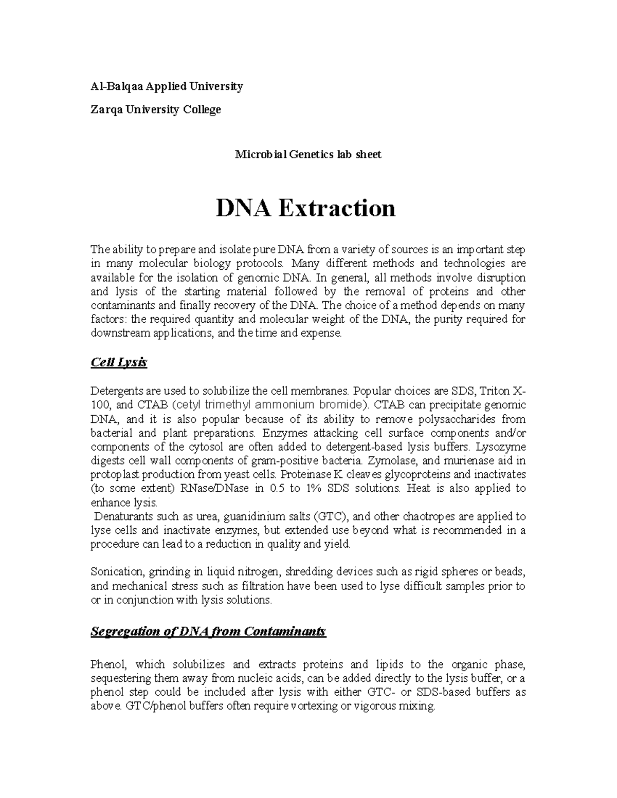 DNA Extraction - Al-Balqaa Applied University Zarqa University College ...