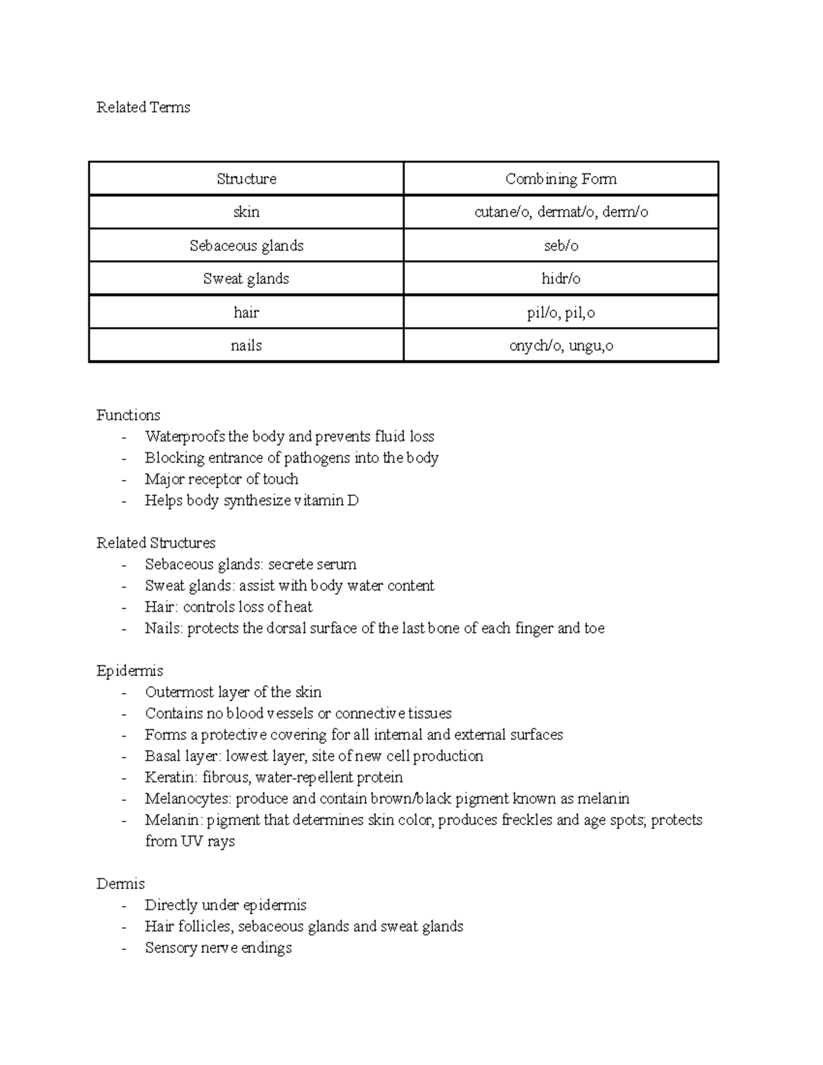 6.1 Integumentary System - Related Terms Structure Combining Form skin ...