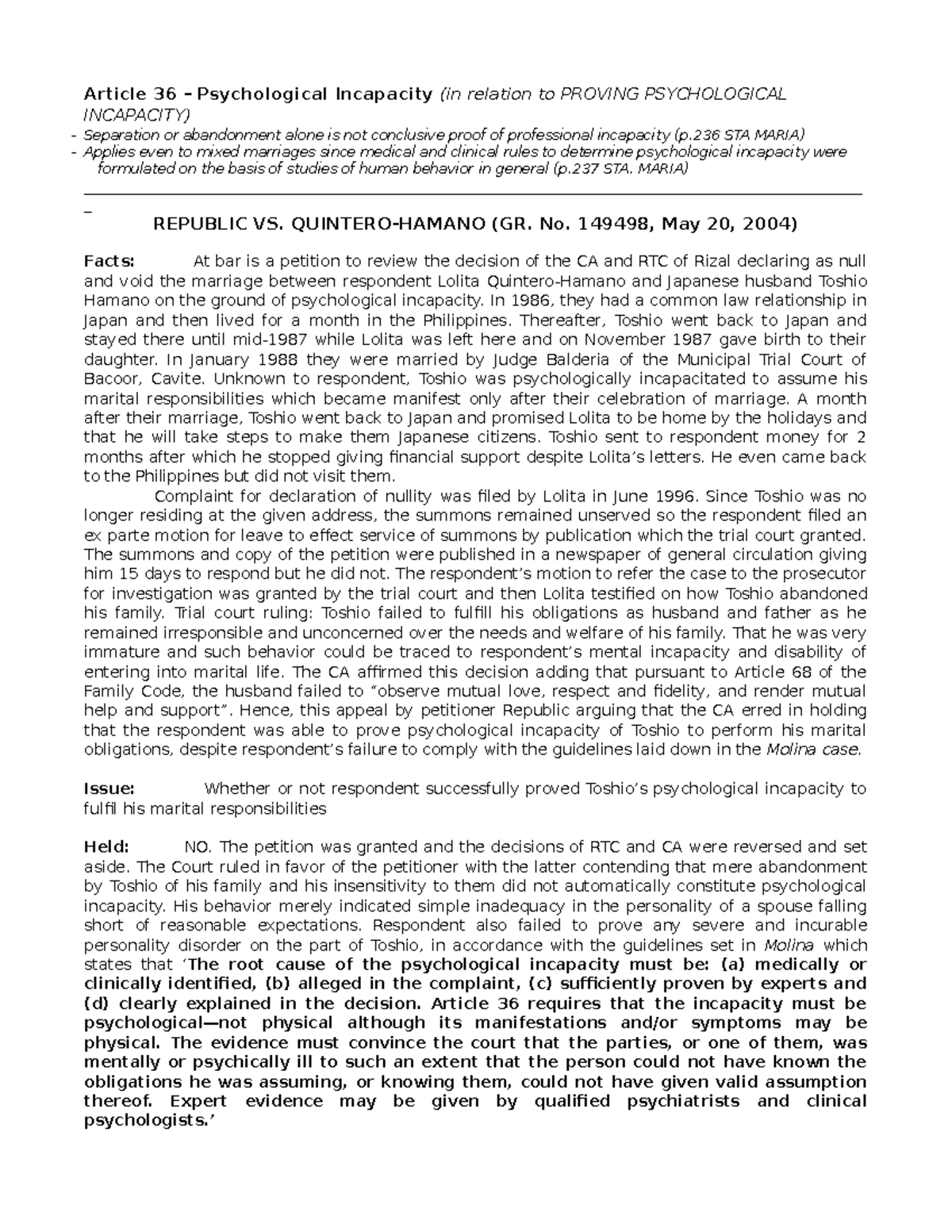 Art 36 Republic vs Quintero Hamano - Article 36 – Psychological ...