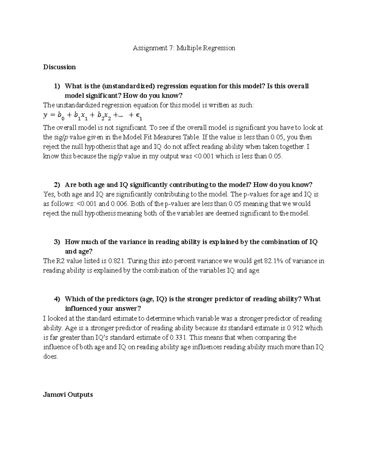Assignment 7 Mulitple Regression - Assignment 7: Multiple Regression Discussion What is the ...