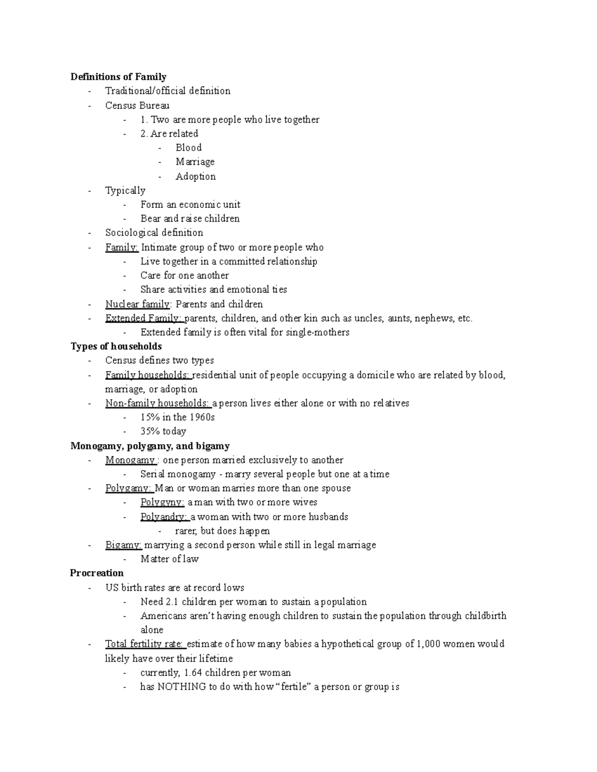 Week 12: Family - Dr. Freeland lecture notes - Definitions of Family ...
