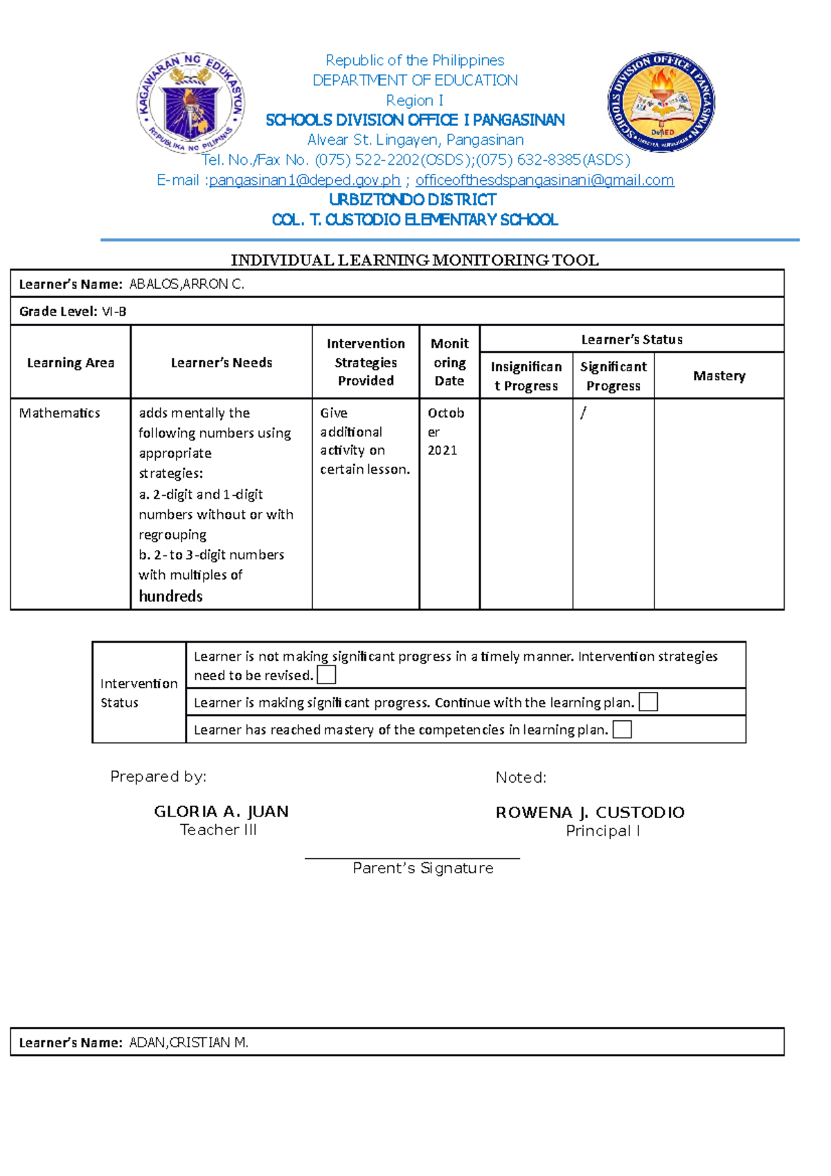 Individual Learning Monitoring TOOL 3-b - DEPARTMENT OF EDUCATION ...