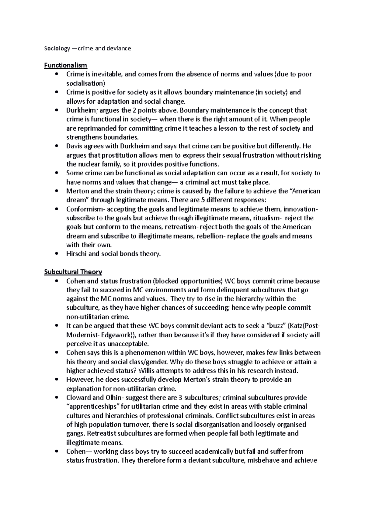 Crime notes - Sociology —crime and deviance Functionalism Crime is ...