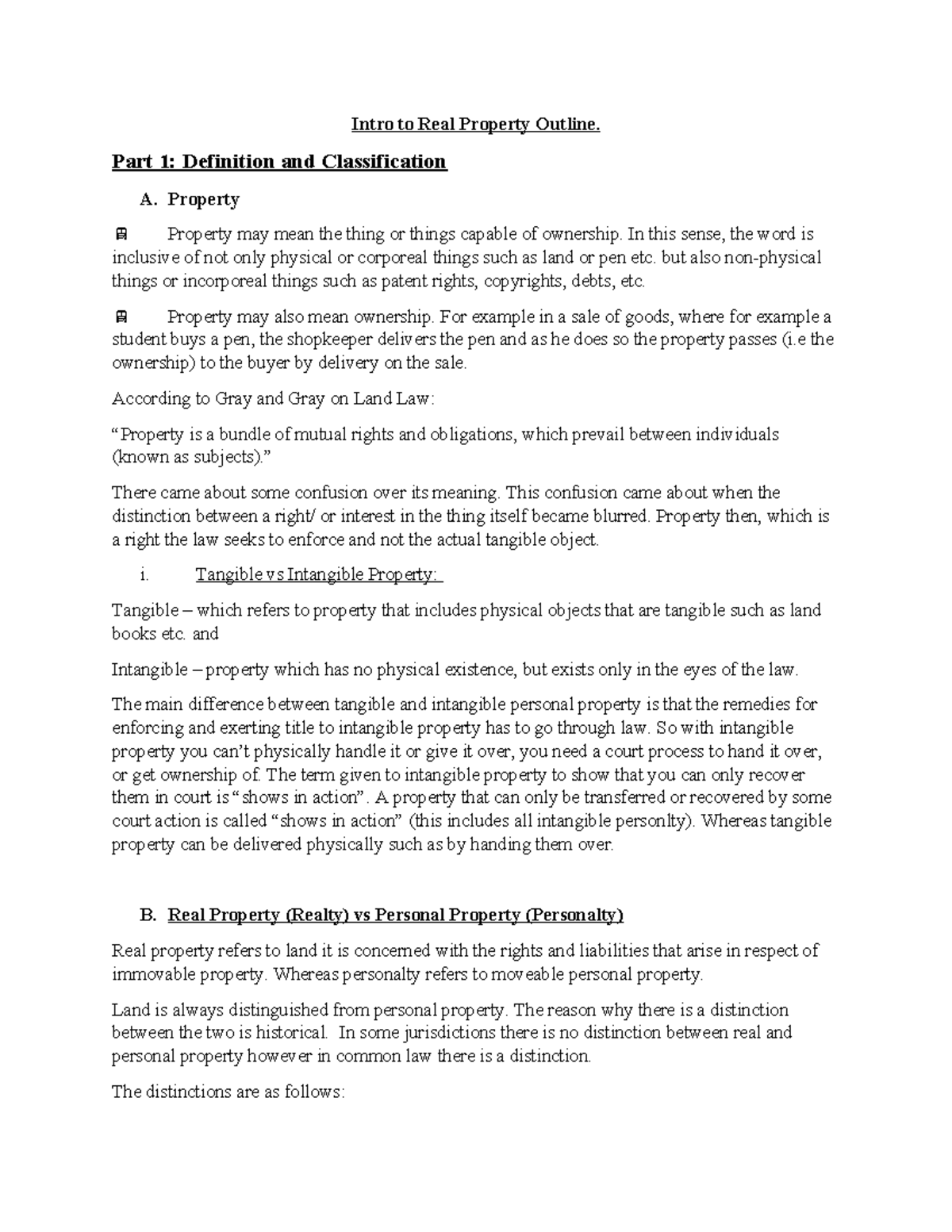 Intro to Real Prop Outline - Part 1: Definition and Classification A ...