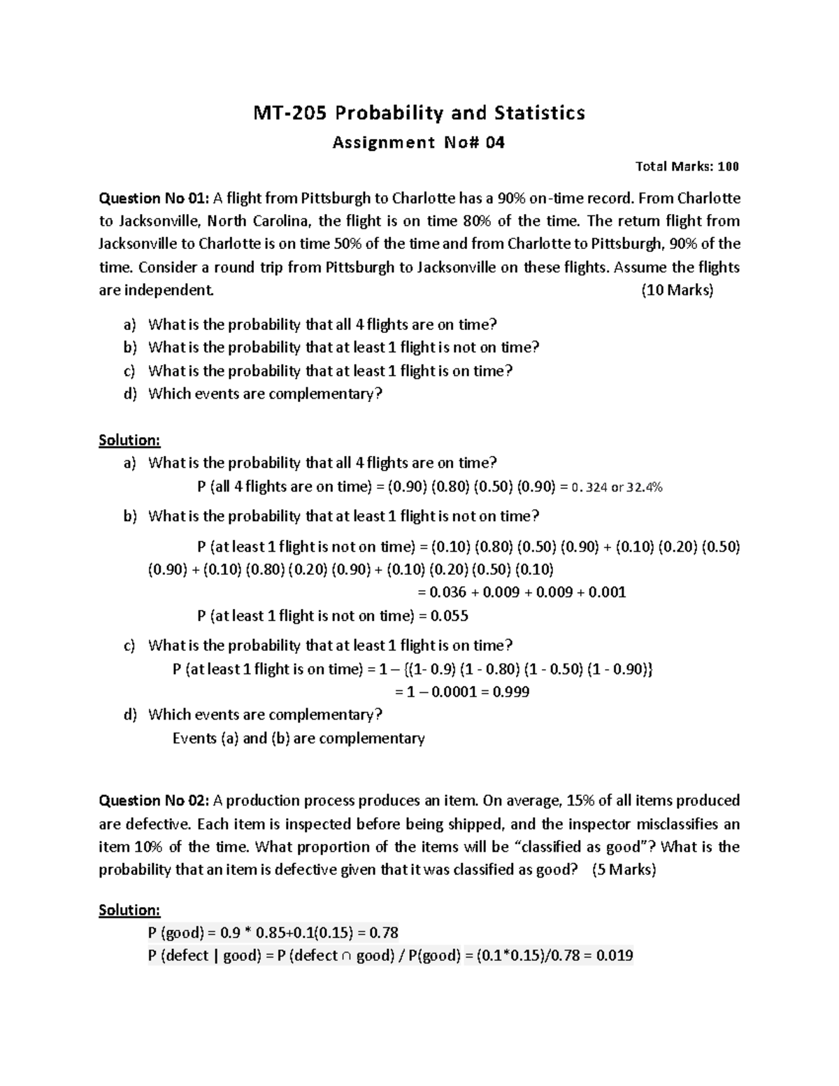 Assignment 4 Solution - MT-205 Probability and Statistics Assignment No ...