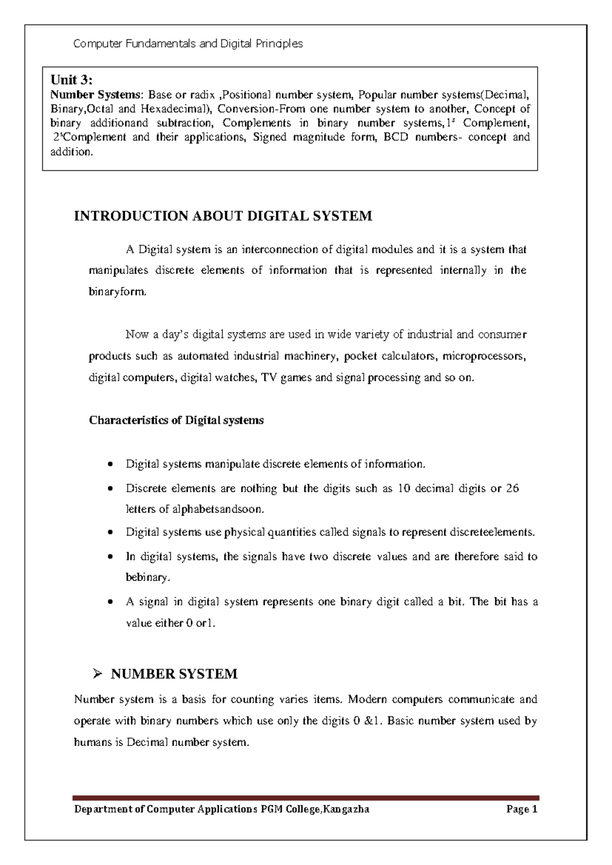 Module 3 Number System - INTRODUCTION ABOUT DIGITAL SYSTEM A Digital ...
