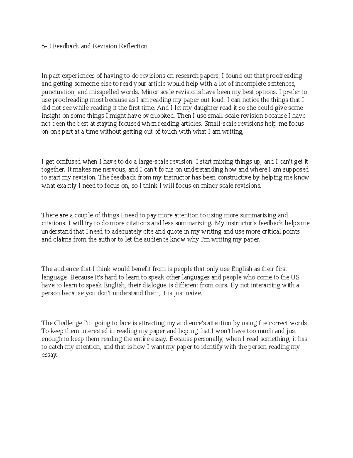 5-3 Feedback and Revision Reflection - Minor scale revisions have been ...