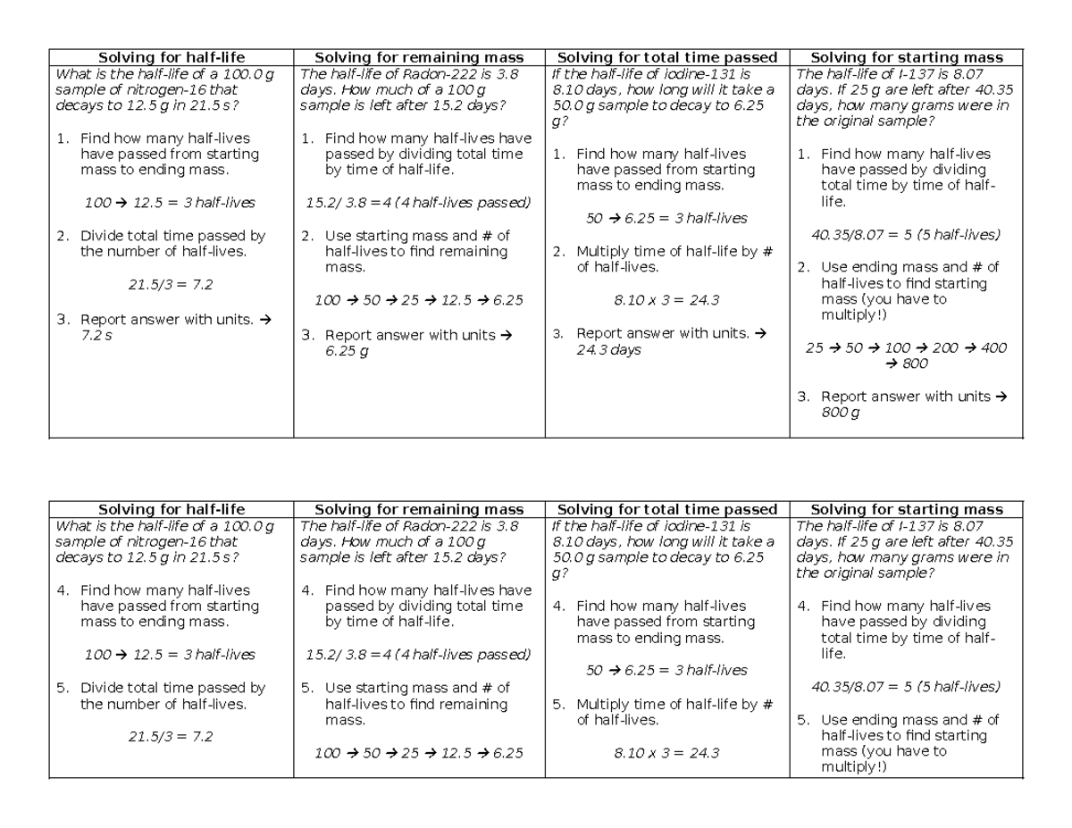 Ch 10 Half-life Reference - Solving for half-life Solving for remaining ...