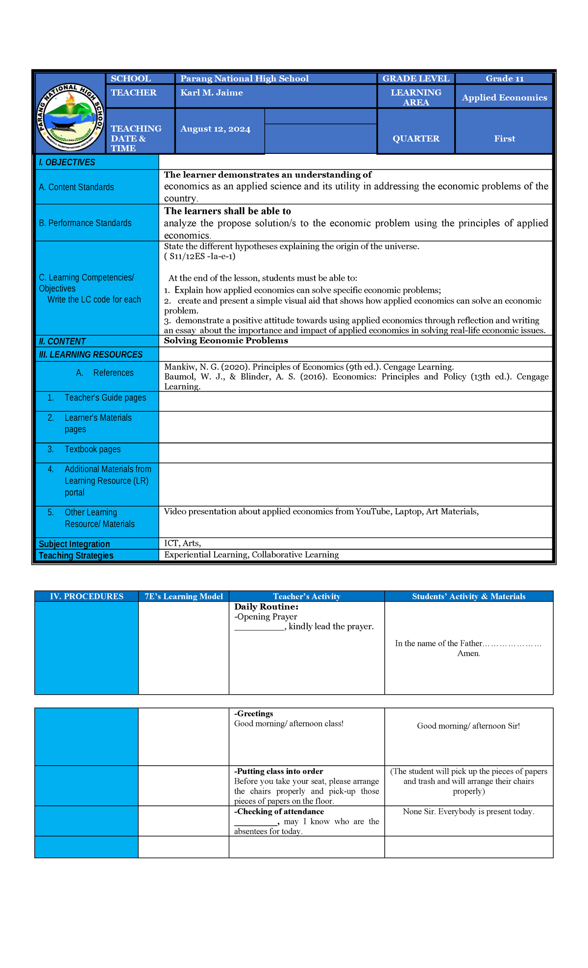 Applied economics LP3 - Copy - SCHOOL Parang National High School GRADE ...