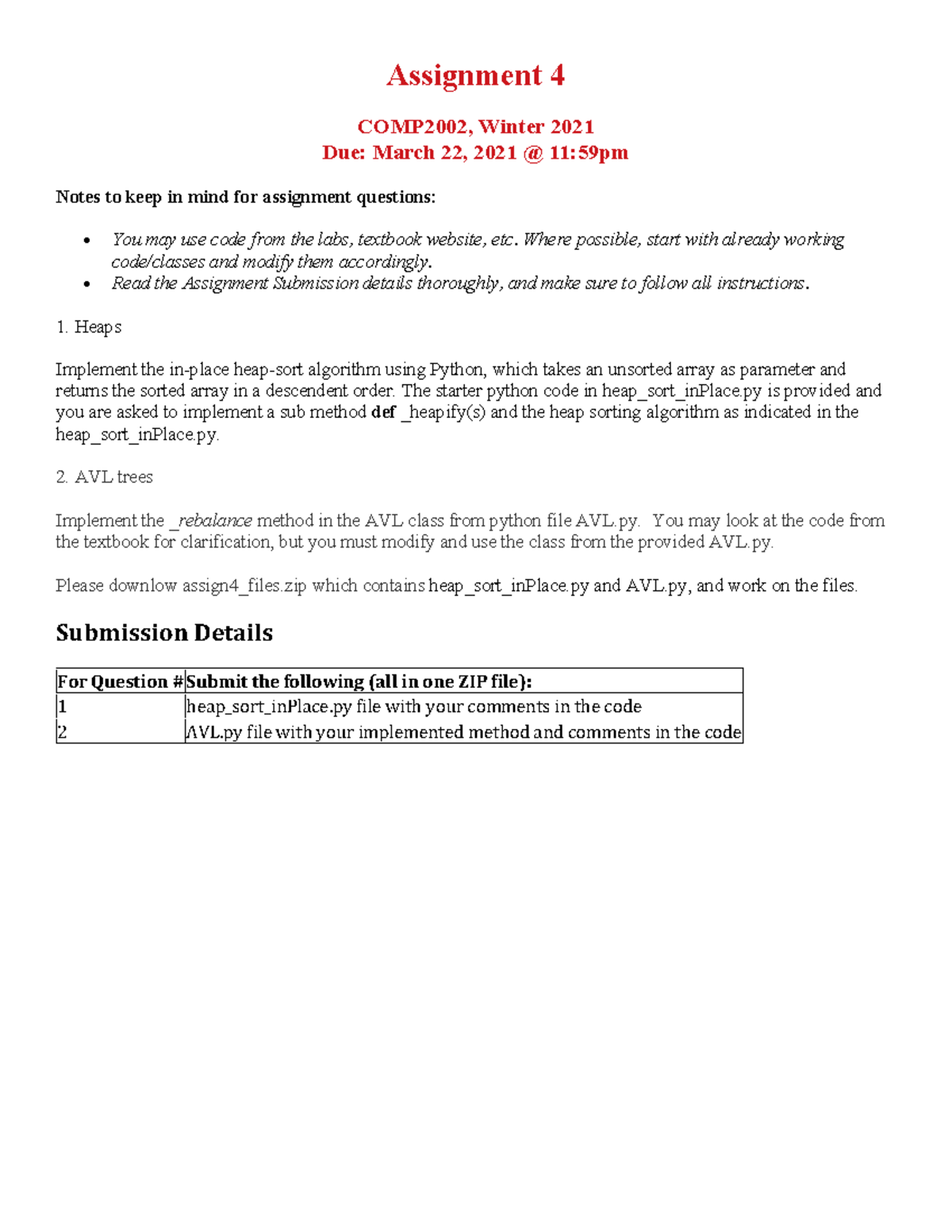 Assign 4 - Assignment 4 COMP2002, Winter 2021 Due: March 22, 2021 @ 11 ...