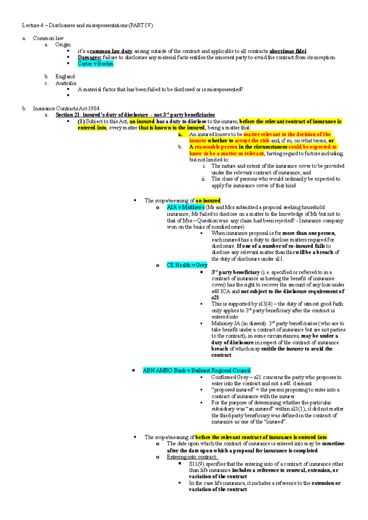 Lecture 4 - detailed notes for insurance law - Lecture 4 – Disclosures ...