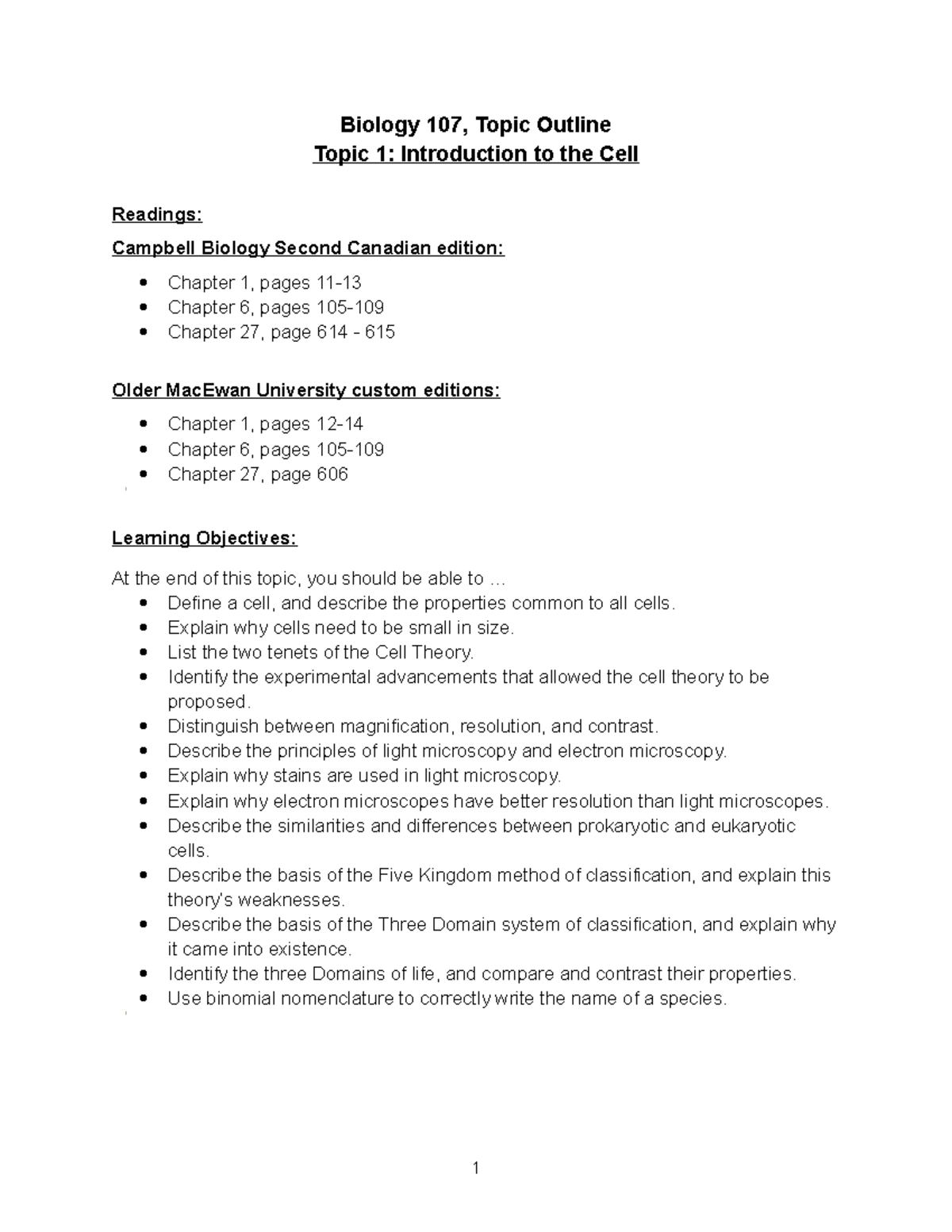Topic 1 Outline and Notes - Biology 107, Topic Outline Topic 1 ...