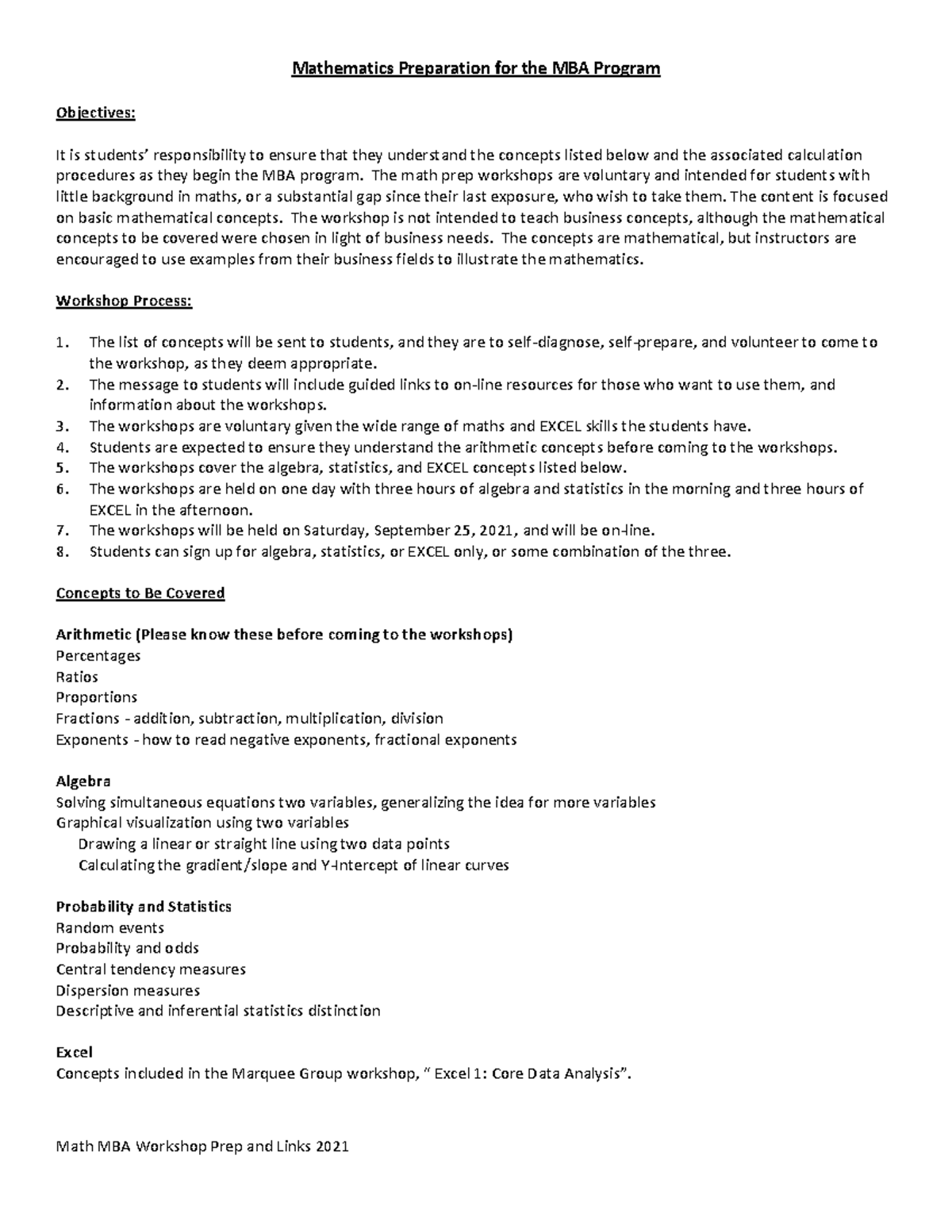 Math MBA Workshop Prep And Links 2021 The Math Prep Workshops Are
