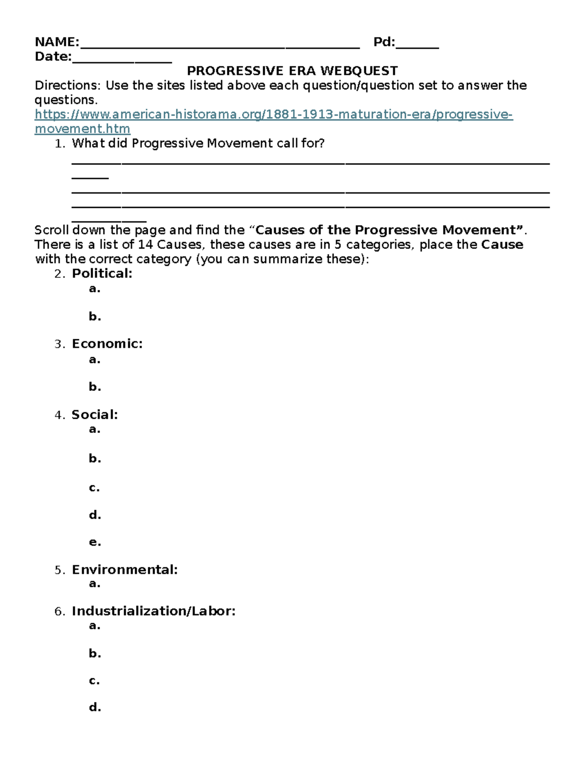 Progressive Era Webquest 1 - NAME ...