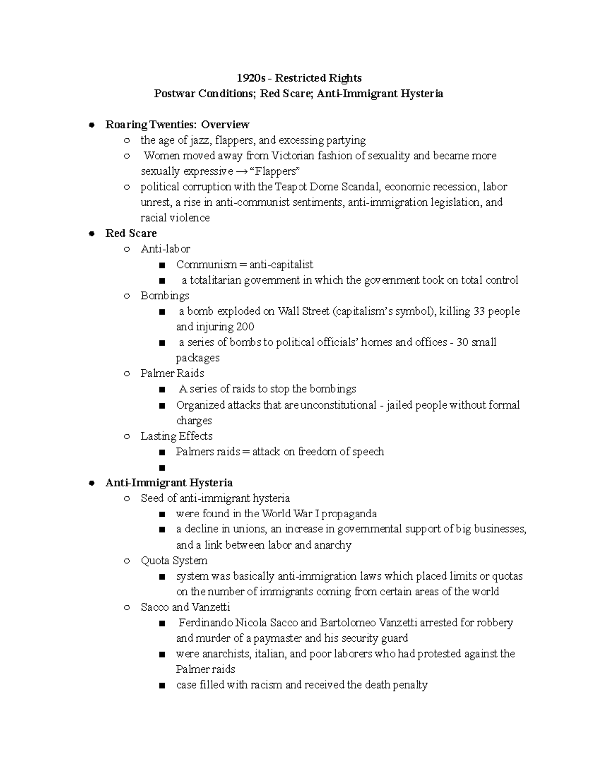 HIS 1053 - Lecture Notes - 1920s - Restricted Rights - 1920s ...