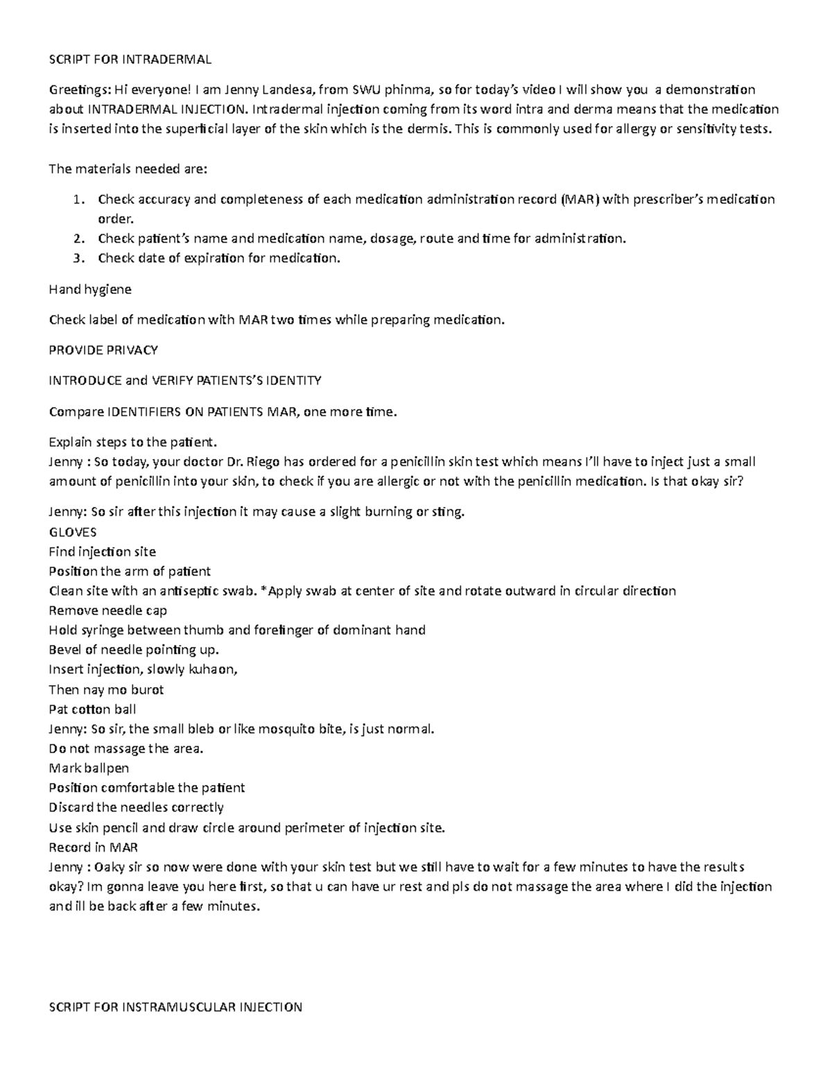 Script for Intradermal Injection Return Demonstration - SCRIPT FOR ...