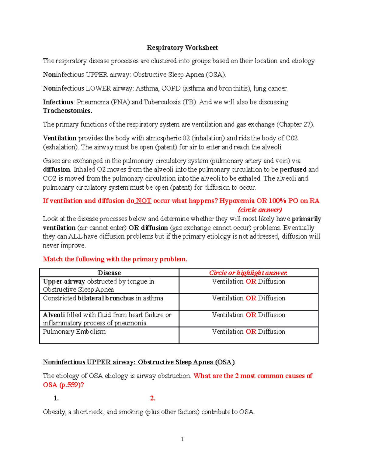 Respiratory Worksheet - Noninfectious UPPER airway: Obstructive Sleep ...