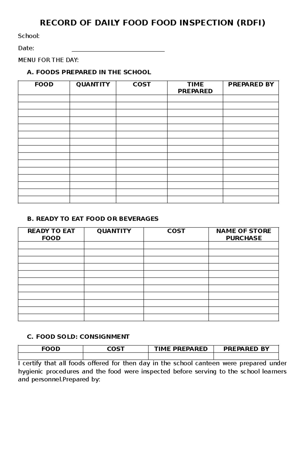 Record OF Daily FOOD FOOD Inspection - RECORD OF DAILY FOOD FOOD ...