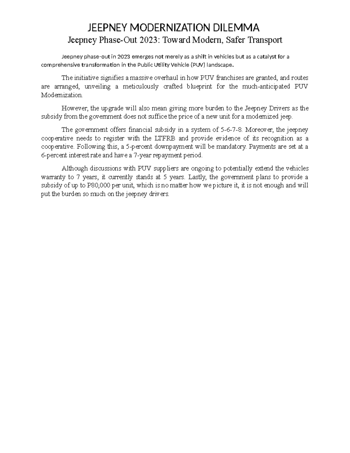 Jeepney-phase - Practice Course - JEEPNEY MODERNIZATION DILEMMA Jeepney ...