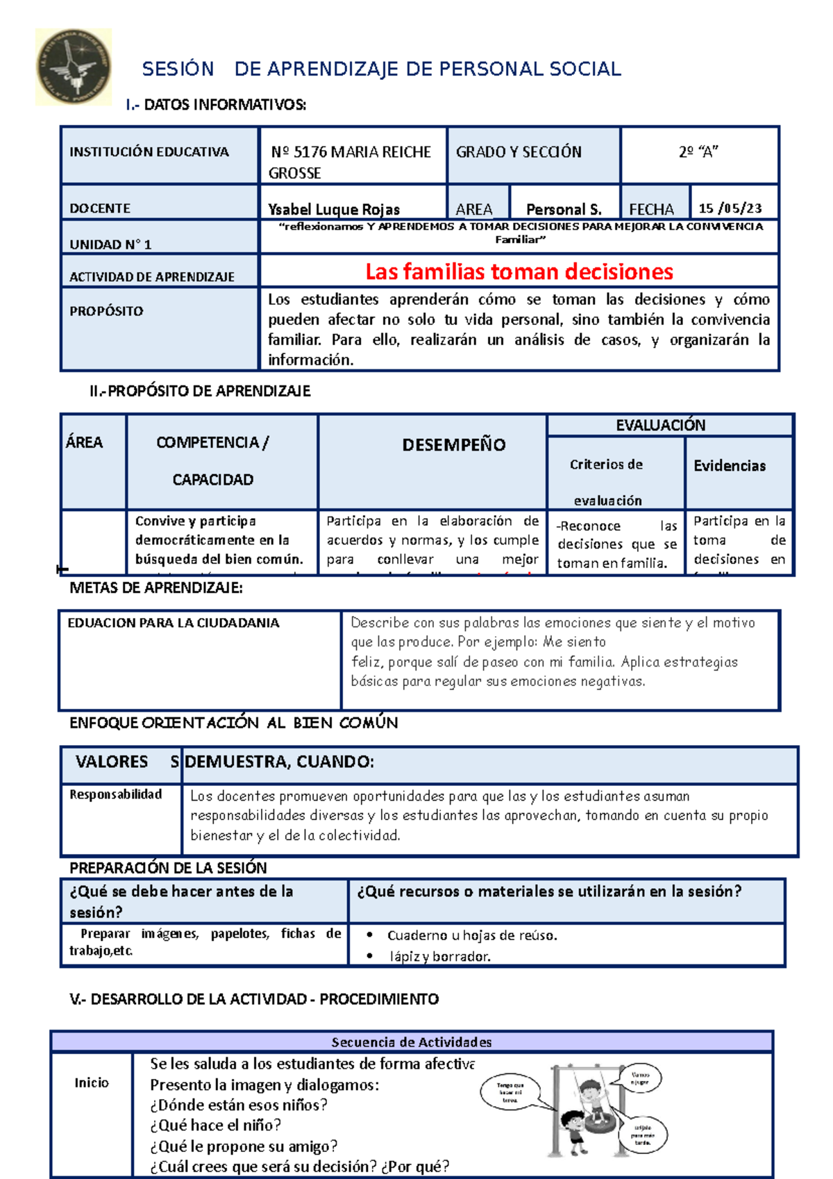 Sesion LAS Familias Toman Decisiones - SESIÓN DE APRENDIZAJE DE PERSONAL SOCIAL I.- DATOS - Studocu