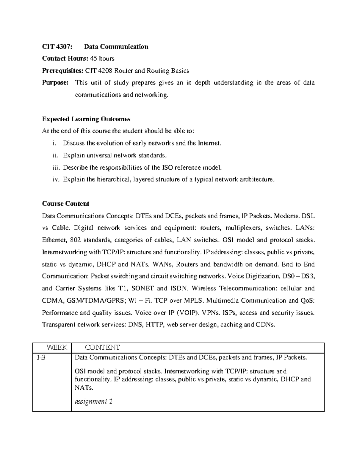 Course Outline - helpful - CIT 4307: Data Communication Contact Hours ...