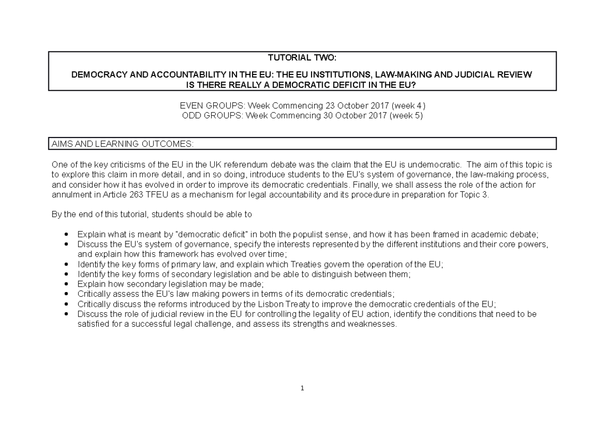 (2) Tutorial 2 - Year 3 compulsory module (EU Law) - TUTORIAL TWO ...
