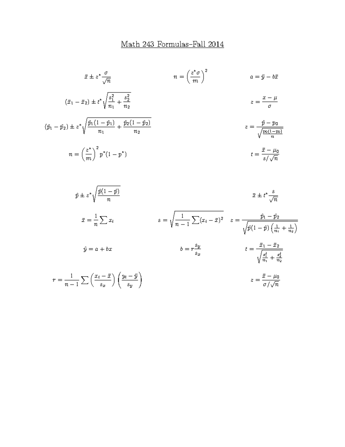 Old Formula Sheet - Math 243 Formulas–Fall 2014 σ x ¯ ± z∗ √ n s ∗ ...