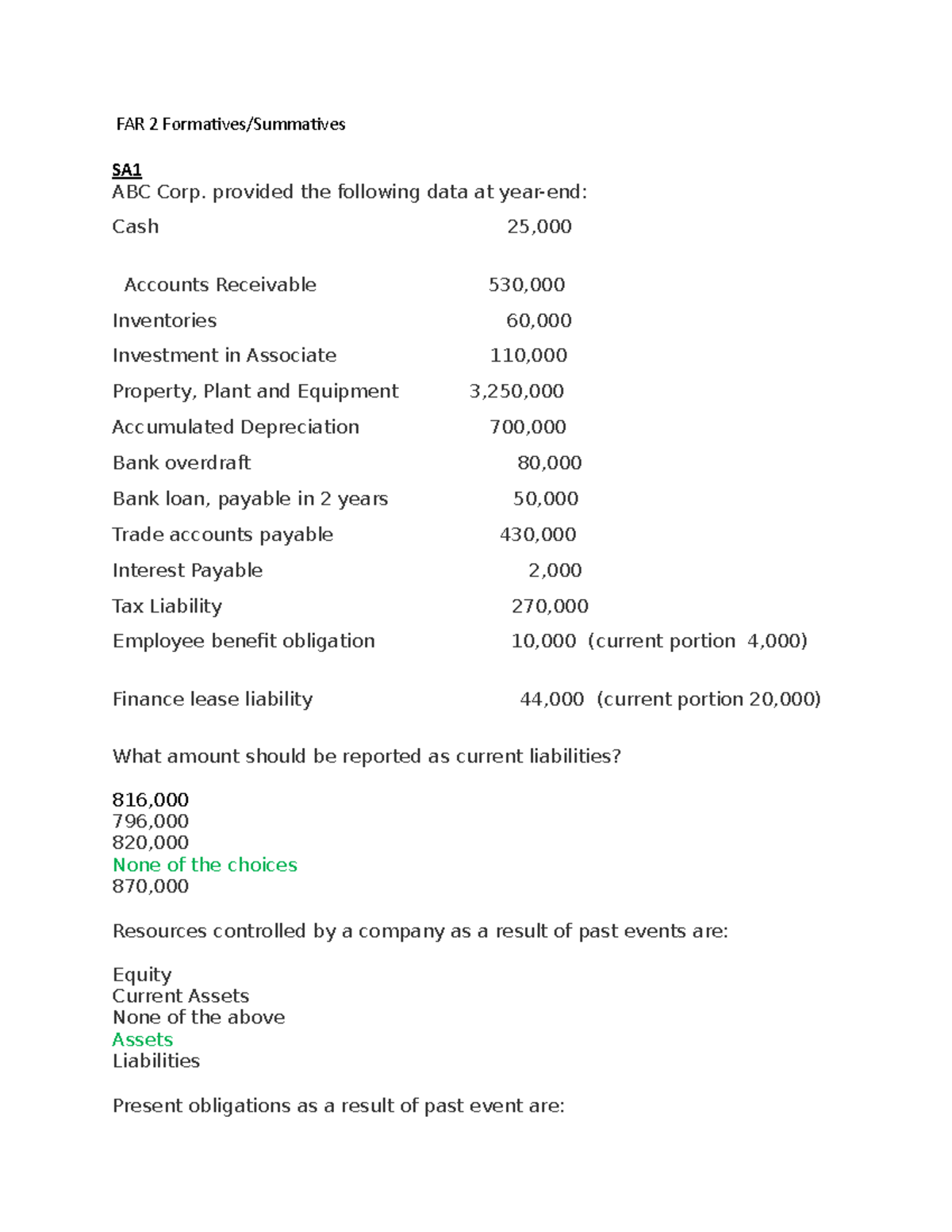 FAR 2 Formatives:Summatives - FAR 2 Formatives/Summatives SA ABC Corp ...
