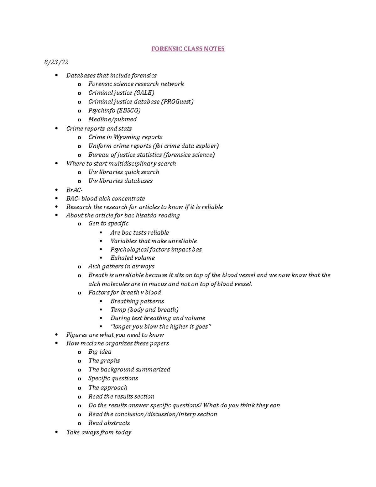 Forensic Class Notes - FORENSIC CLASS NOTES 8/23/ Databases that ...