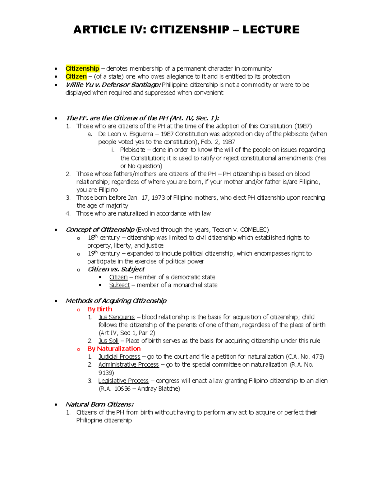 Citizenship- Consti- Notes - ARTICLE IV: CITIZENSHIP – LECTURE ...