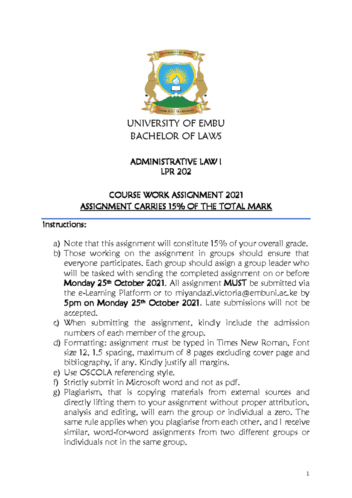 Administrative Law I Coursework Assignment 2021 - 1 UNIVERSITY OF EMBU ...