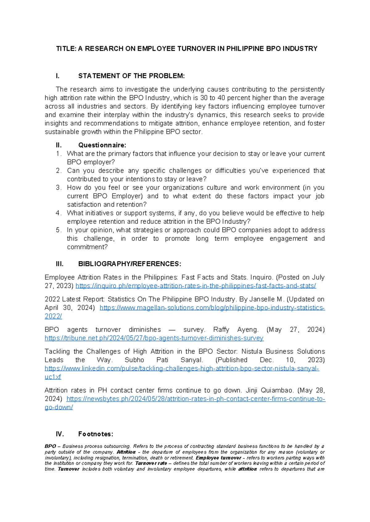 Research Sample - TITLE: A RESEARCH ON EMPLOYEE TURNOVER IN PHILIPPINE ...