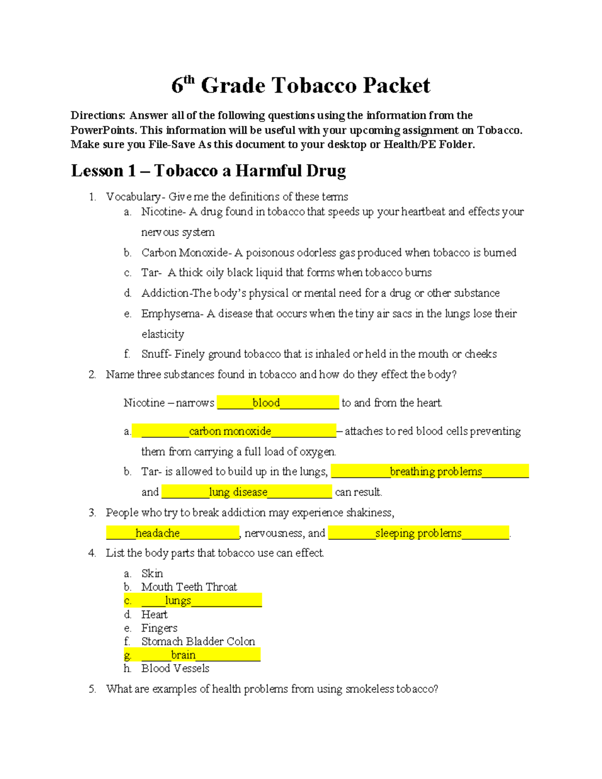 6th+Grade+Tobacco+Packet - 6 th Grade Tobacco Packet Directions: Answer ...