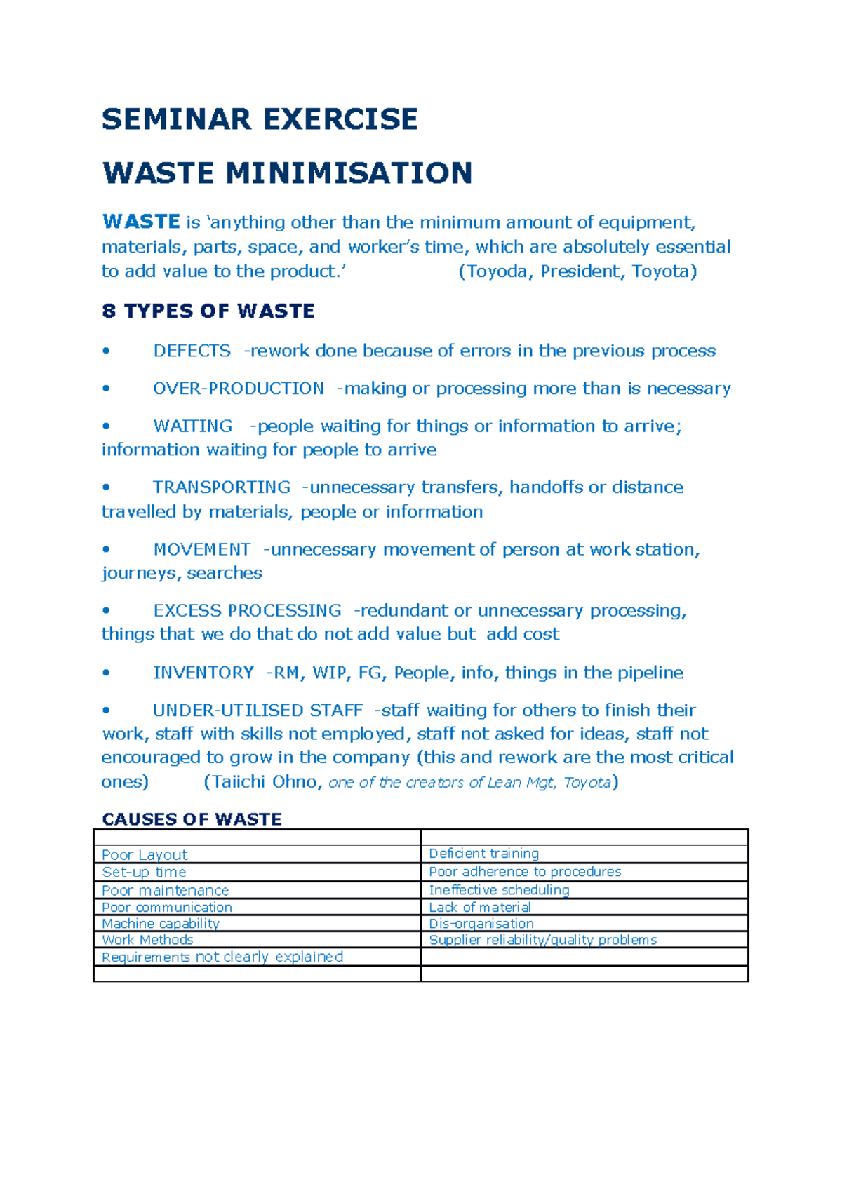 SEM EX 8 Wastes -Lean - Seminar Exercise on the 8 lean waste management ...