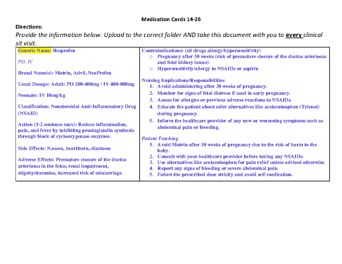 Medication Cards 14-26 - Directions: Provide the information below ...