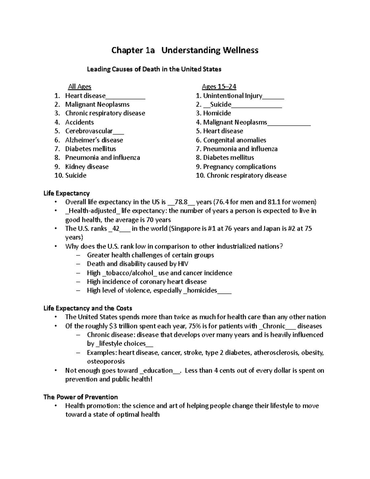 Chapter 1a notes worksheet Understanding Wellness - Chapter 1a ...
