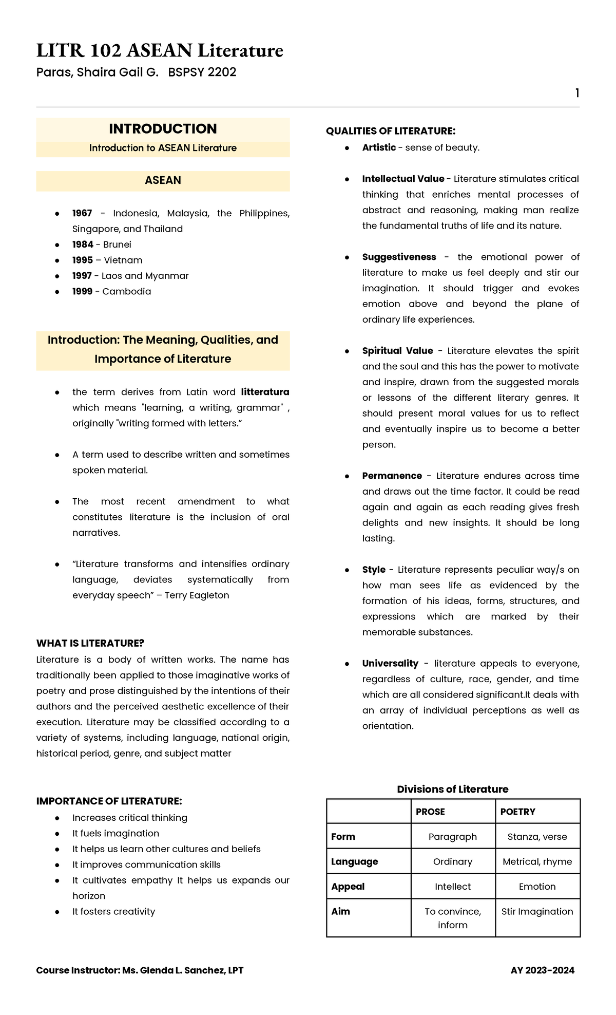 Intro Phil Lit Viet Lit Asean Literature - Paras, Shaira Gail G. BSPSY ...